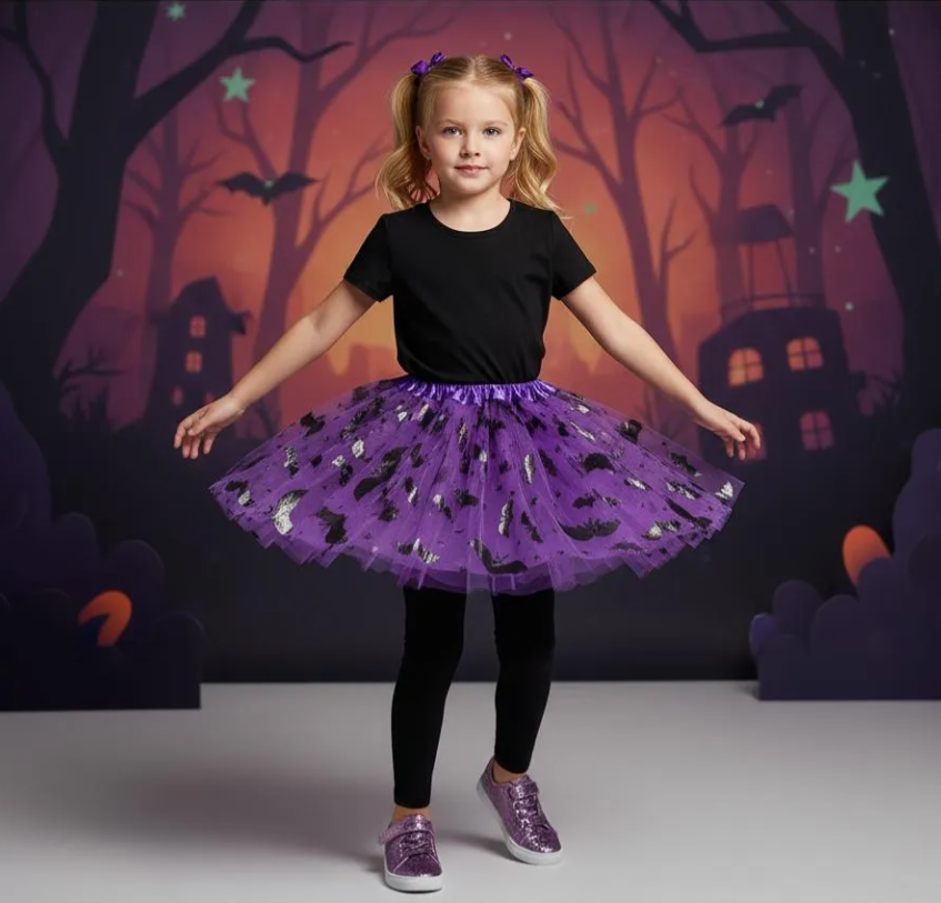 Tutu De Bruja Halloween Para Niña - Violeta Murciélagos - Cotillón ...